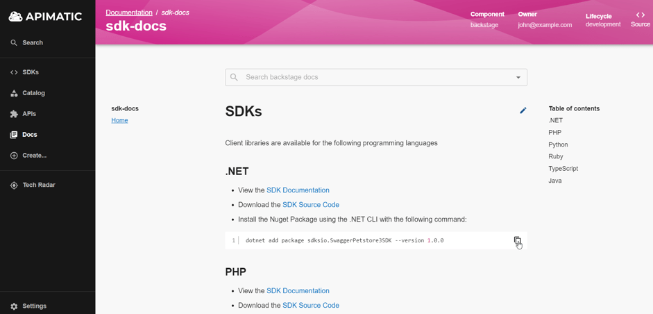 APIMatic SDKs in Backstage Developer Portal